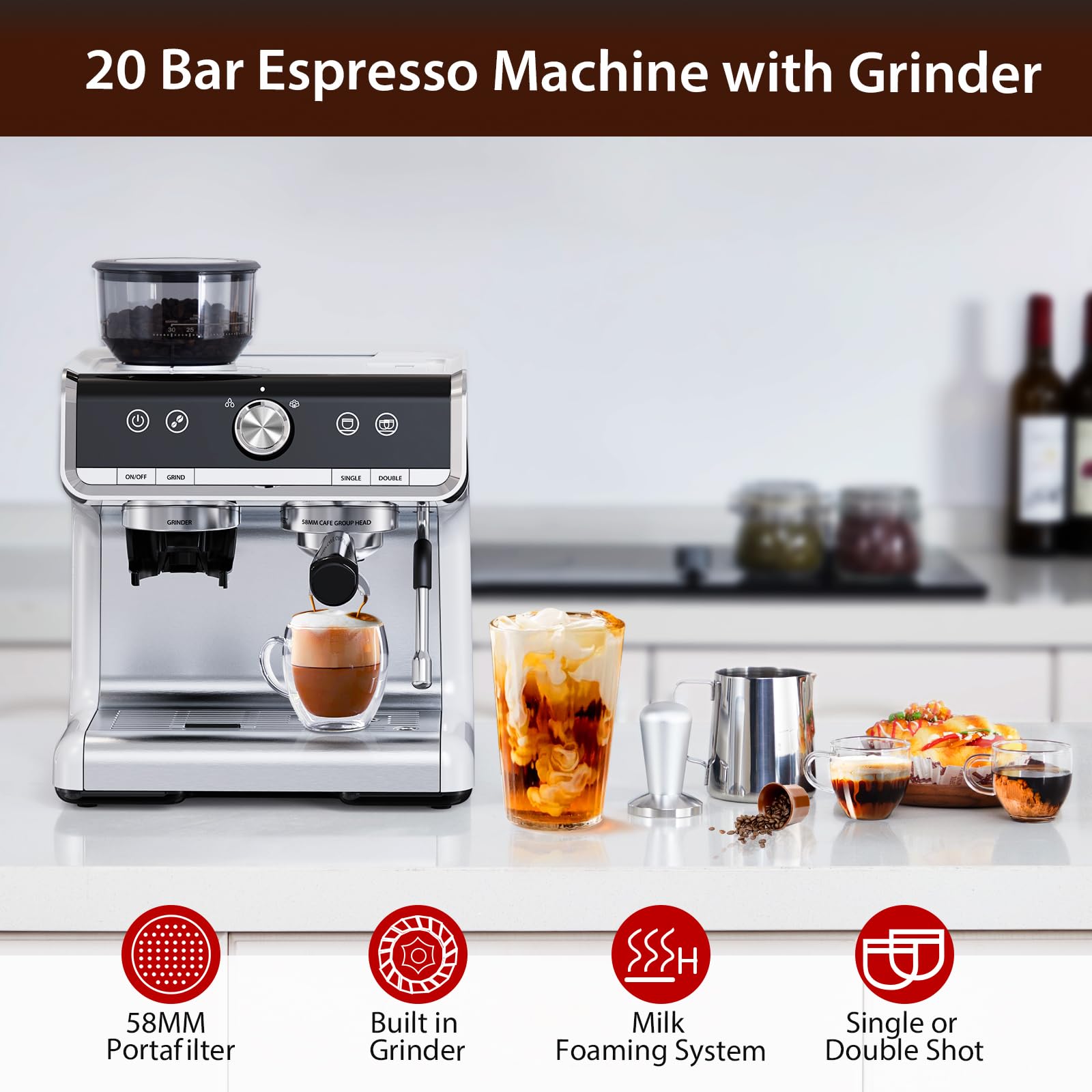Espresso Machine with Grinder, Milk Frother Wand, 1450W, 20 Bar Professional Espresso Maker with Barista Kit, 2.8L Water Tank for Cappuccinos or Macchiatos