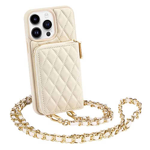 LAMEEKU iPhone 14 Pro Max Wallet Case with Card Holder & Crossbody Chain, RFID Shockproof, 6.7 Inch - Beige