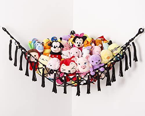 MAKEONEWO Stuffed Animal Toy Hammock Hanging- Macrame Toy Hammock with Tassels-Stuff Animals Organizer Storage Boho Large Corner Plush Toys Net Holder for Nursery, Play Room, Kids Bedroom (Black), 1 Pack