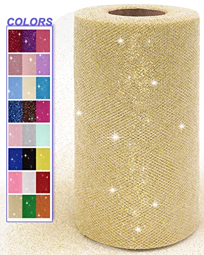 Glitter Gold Tulle Fabric Rolls, 6 Inch 50 Yards (150ft) Sparkling Spool Ribbon Sequin Netting for Tutu Skirt Gift Wrapping Wedding Party Decoration (White/Gold)