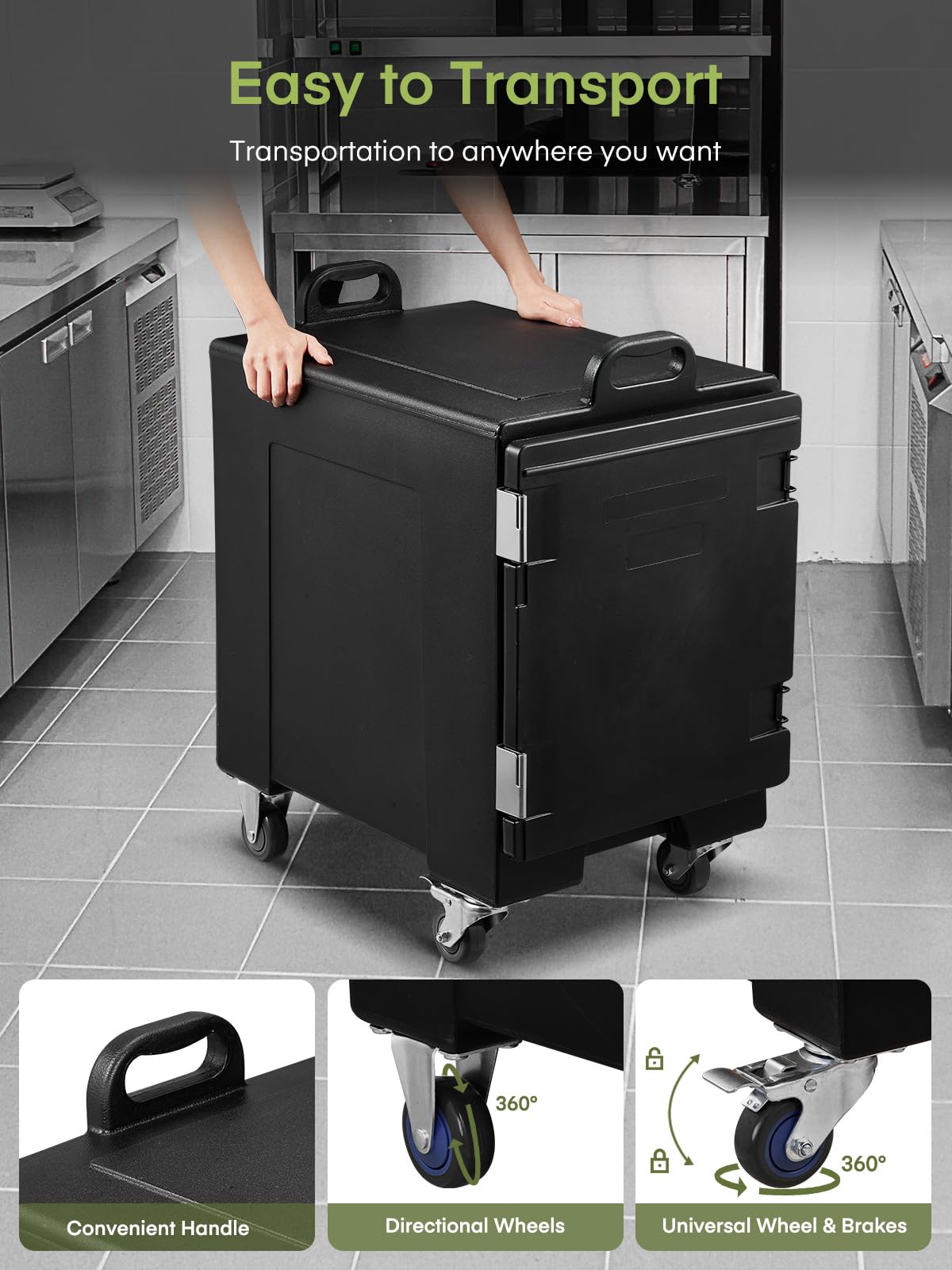 Catering Food Warmer, 82Qt Front Loading Hot Box for Catering, LLDPE Insulated Food Pan Carrier for 5 Full-Size Pan, w/Wheels, Stackable, Handles, Hot Box Food Warmer Ideal for Canteen, Restaurant