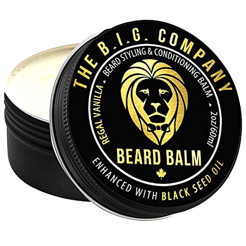 Beard Balm for Men - The B.I.G. Company - Beard Moisturizer & Conditioner with Beeswax for Medium Hold Styling Ease - Black Seed Oil & Argan Oil Supports Beard Growth [Classy Regal Vanilla Scent]
