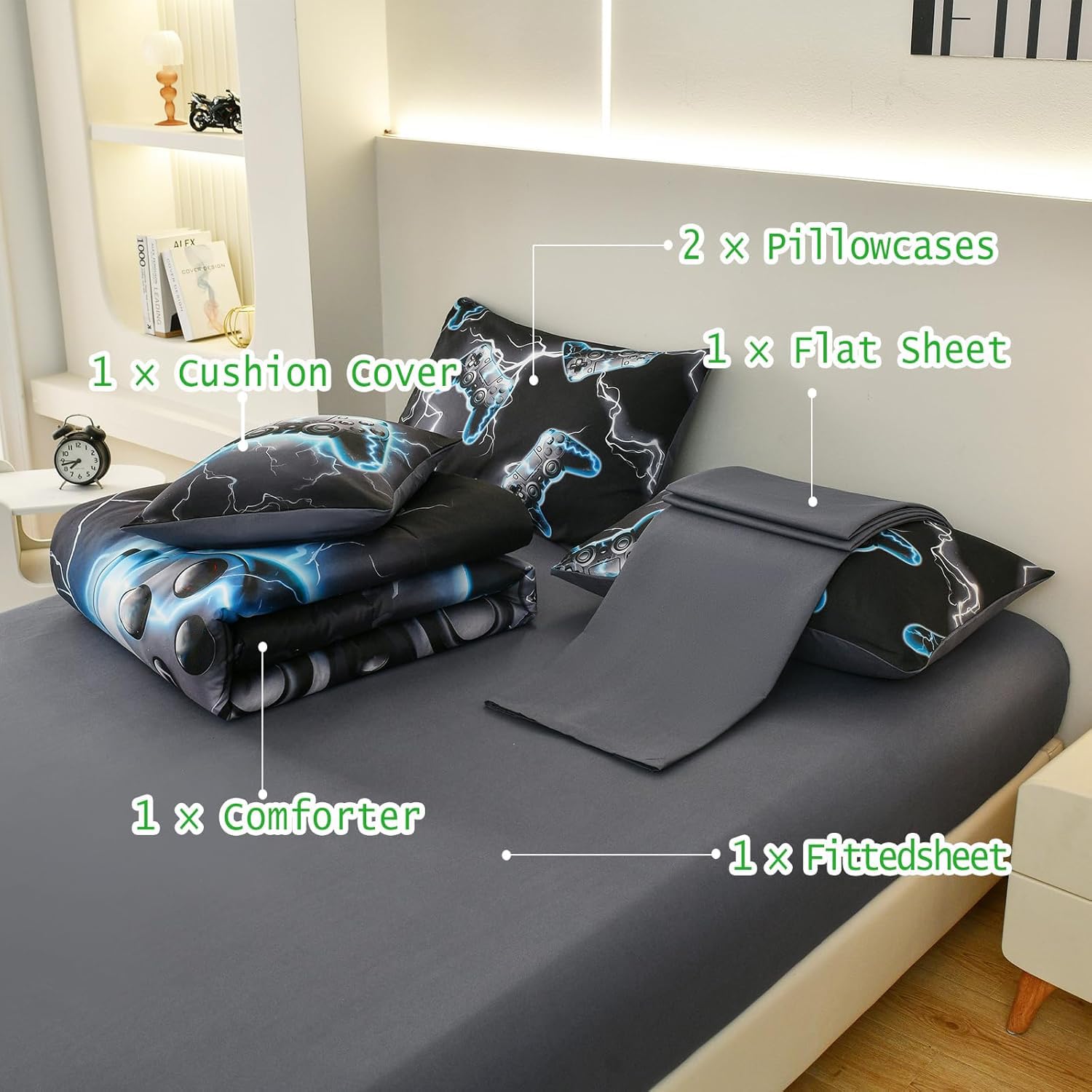 DORCAS Twin Comforter Set with Sheets for Boys,Twin Gamer Bedding Set Black 6 Pcs Game Console Boys Comforter Sets Twin for Kids Teens,Microfiber Boys Gaming Bed Set for All Season Use(Black,Twin)