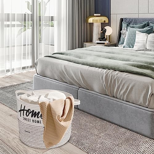 Vnkesno Large Woven Cotton Rope Storage Baby Basket White Laundry Clothes Hamper, Toy Storage Basket for Dog, Cat, Decorative Basket Blankets Organizing for Living Room, Laundry, Nursery-14.7" ×11.8"