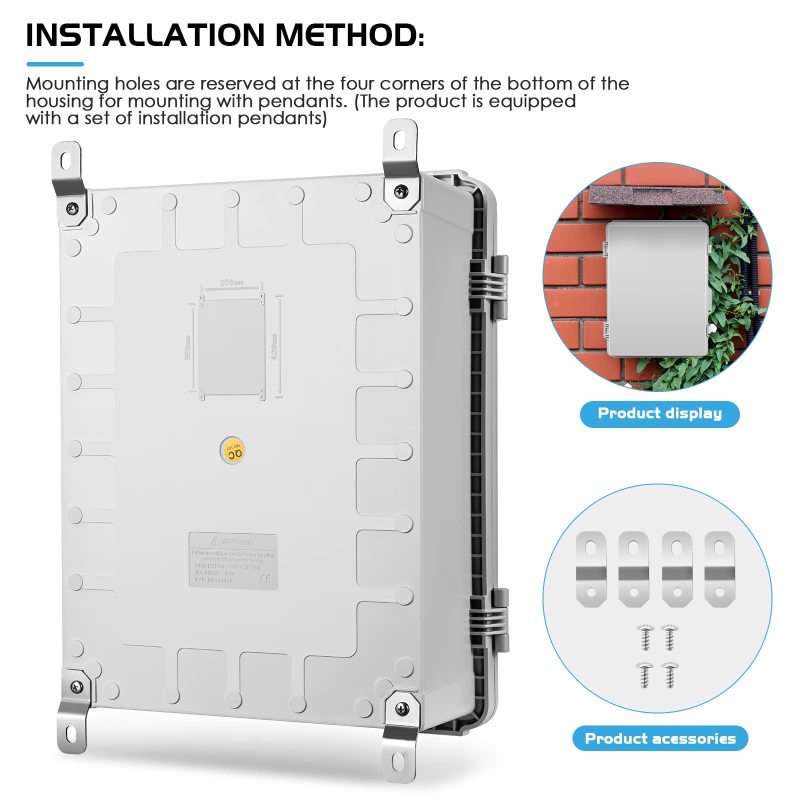ARTYUIO Electrical Enclosure Box 16.7x11.4x7.4'' Waterproof Electrical Junction Box with Mounting Plate, Hinged Cover,Stainless Steel Latches IP66 Plastic Electrical Junction Boxes