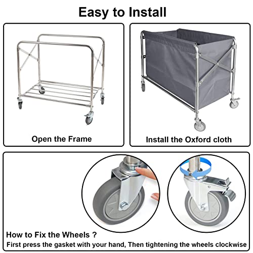 Folding Laundry Cart Commercial Rolling Laundry Basket Trucks with Wheels 440lbs Load Capacity Stainless Steel Laundry Trolley Cart for Industrial/Home 34 * 21 * 31inches (Gray)