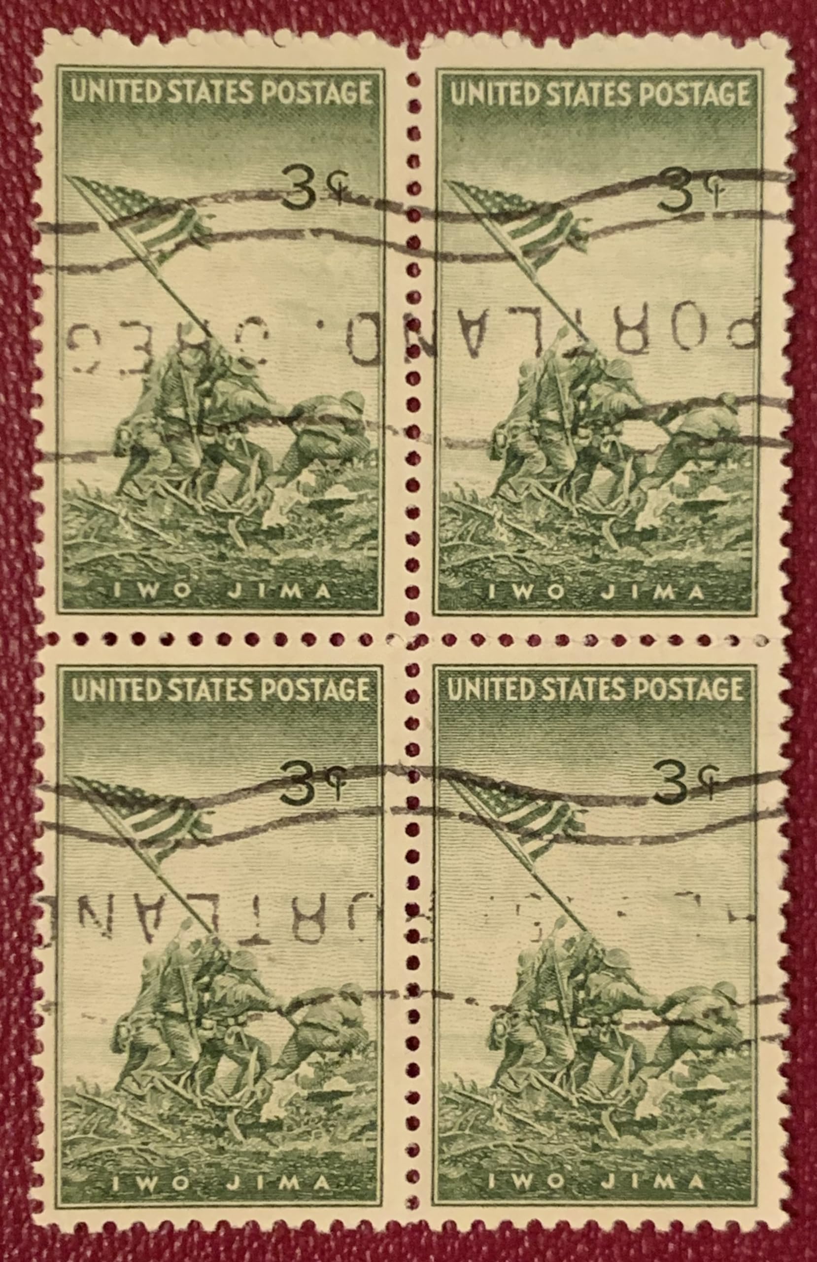 Iwo Jima Block of 4 x 3Β’ US Postage Stamps Scott #929