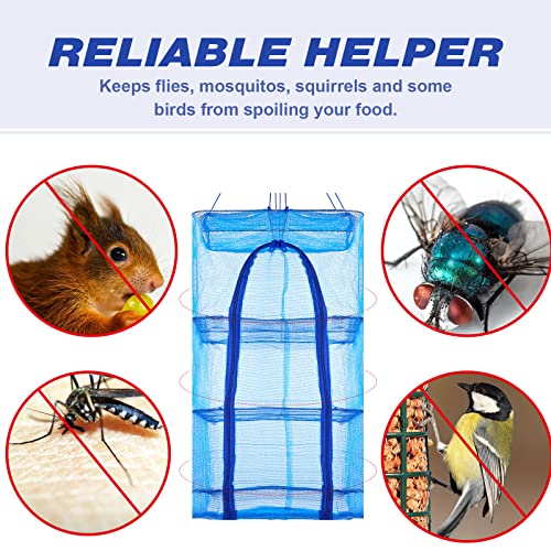 Cunno 4 Pcs Herb Drying Rack 4 Layer Hanging Drying Net Folding Fish Mesh with Zippers Non Toxic Nylon Netting for Fish Vegetables Meat Herb Fruit Plants Net Dry Cage, Blue, 13.8 x 13.8 x 25.6 Inch