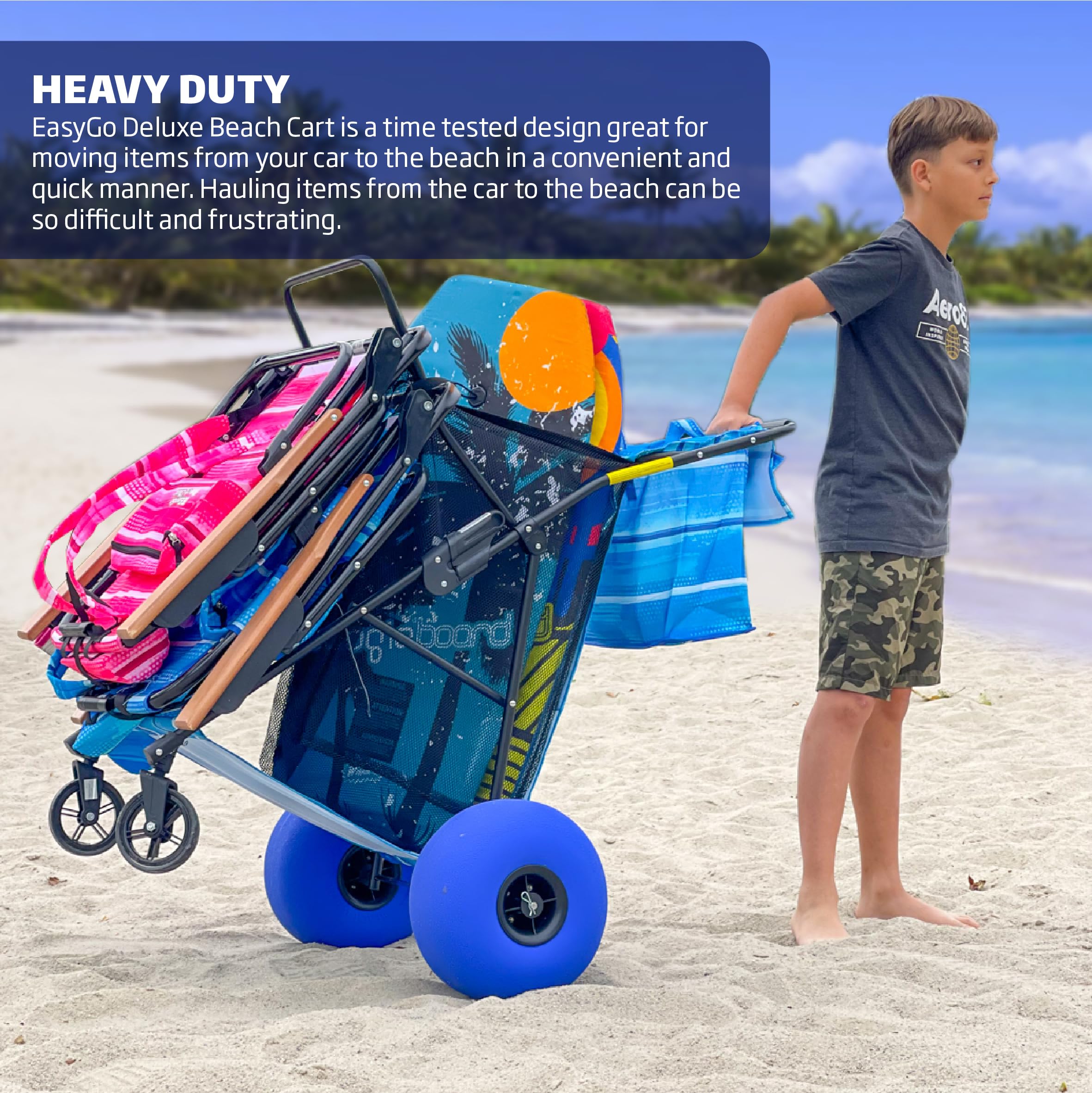 Beach Cart Balloon Wheel Deluxe Heavy Duty Folding Ocean Utility 13β x 7β Sand Wheels Holds 4 Folding Chairs Umbrella Holder Removable Beach Bag Blue Striped Pattern
