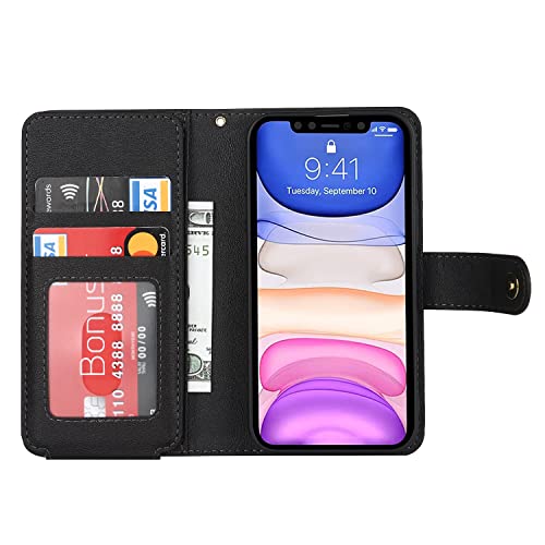 iCoverCase for iPhone 11 Wallet Case with Card Holder, Adjustable Crossbody Lanyard PU Leather Kickstand Card Slots Zipper [Not Detachable] Flip Cover Case 6.1 Inch (Black)