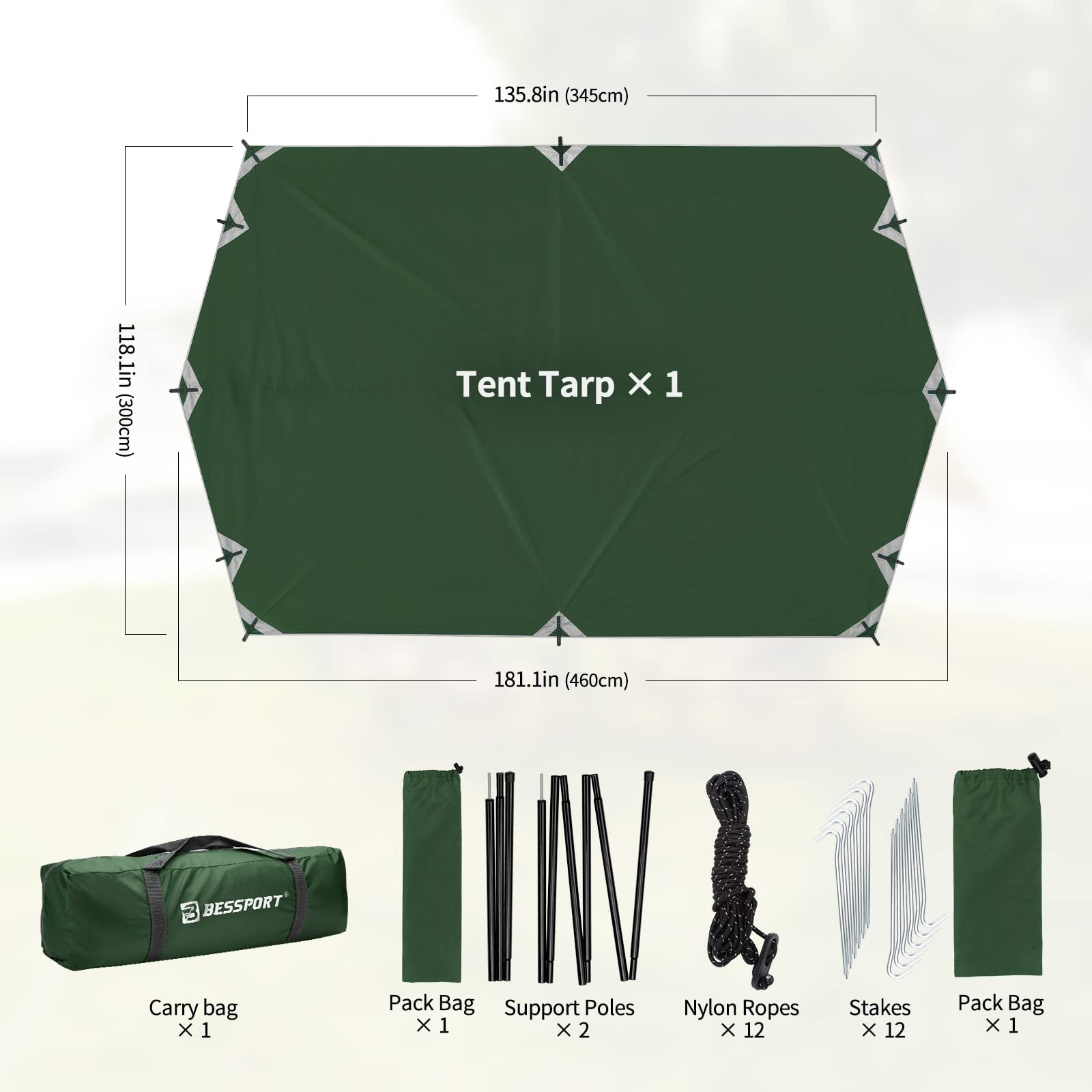 Bessport Tent Tarp Hammock Rain Fly Waterproof PU 3000mm-UV Protection, Lightweight Ripstop Fabric Camping Gear Essential Shelter Canopy- Fast Set Up (10 x 10ft Square Shape)