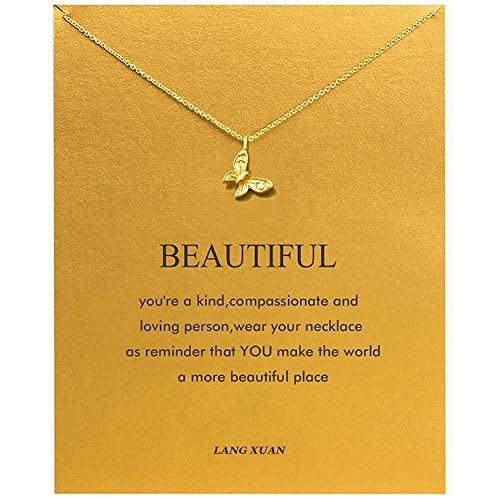 LANG XUAN Friendship Gold Butterfly Necklace Good Luck Elephant Pendant Chain Necklace with Message Card Gift Card