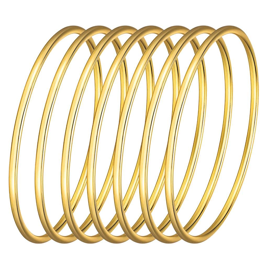 Castillna Stainless Steel Thin Round 14K Plated Gold Bangle Bracelets for Women, Plus Size, 9 inches