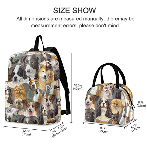 FOLIOSA Kid's Backpack Lunch Bag Set Dog To See Print, Large Capacity Insulated Scratch-Resistant Backpack with Lunch Kit for School Work Suits for 6+ Years Teenager Boys Girls