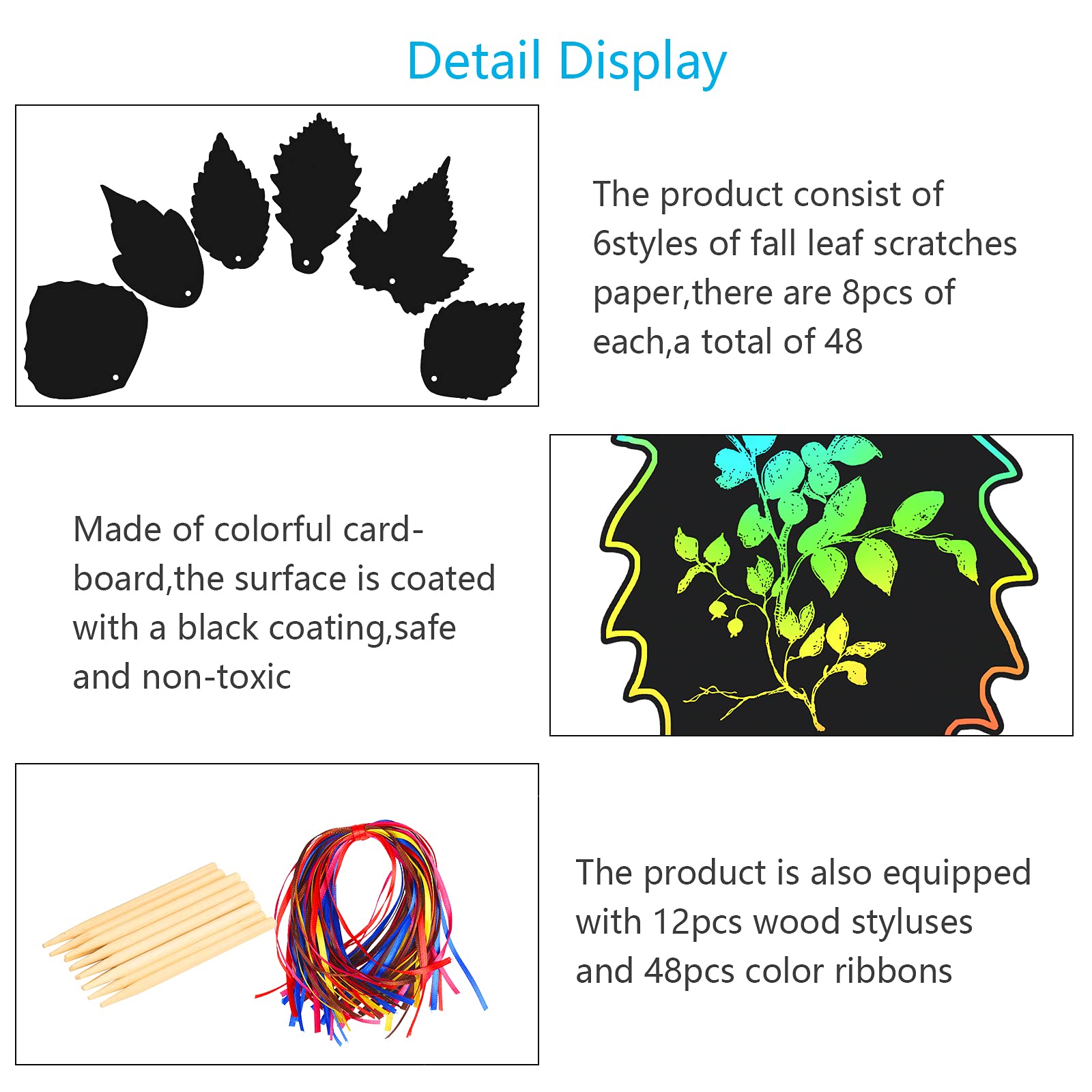 MEETANG 48pcs Scratch Art for Kids Fall Crafts Kits Thanksgiving Create Rainbow Paper Magic Off Supplies with Wood Styluses Ribbons Party Favor, Rinbow, universal