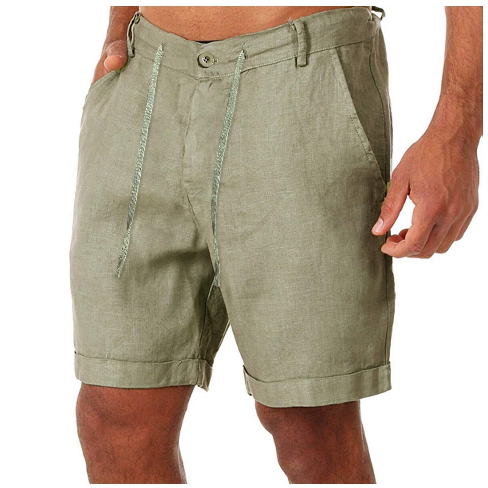 Casual Linen Shorts for Mens 7 inch Stretch Classic Fit Summer Beach Yoga Shorts with Drawstring and Pockets Green