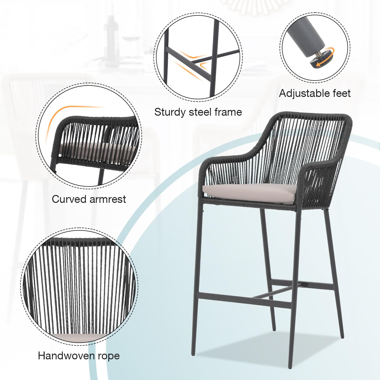 COBANA Outdoor Bar Stools Set of 2, Bar Height Patio Chairs with High Back, Footrest and Armrest, Beige