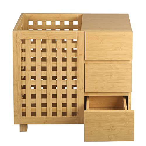 Duitrc 23" Wood Laundry Hamper Bathroom Storage Basket with 3 Drawer Bamboo Bathroom Laundry Hamper Large Storage Dirty Clothes Basket for Towels Blanket Toys in Dorm Bedroom Closet and Bathroom