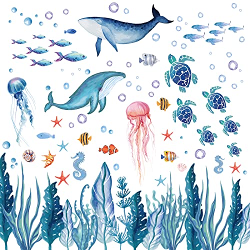 Whaline 143 Pieces Ocean Wall Decals Watercolor Under The Sea Wild Life Animals Wall Stickers Waterproof Peel and Stick Removable Murals for DIY Nursery Bedroom Living Room Bathroom Wall Art Decor