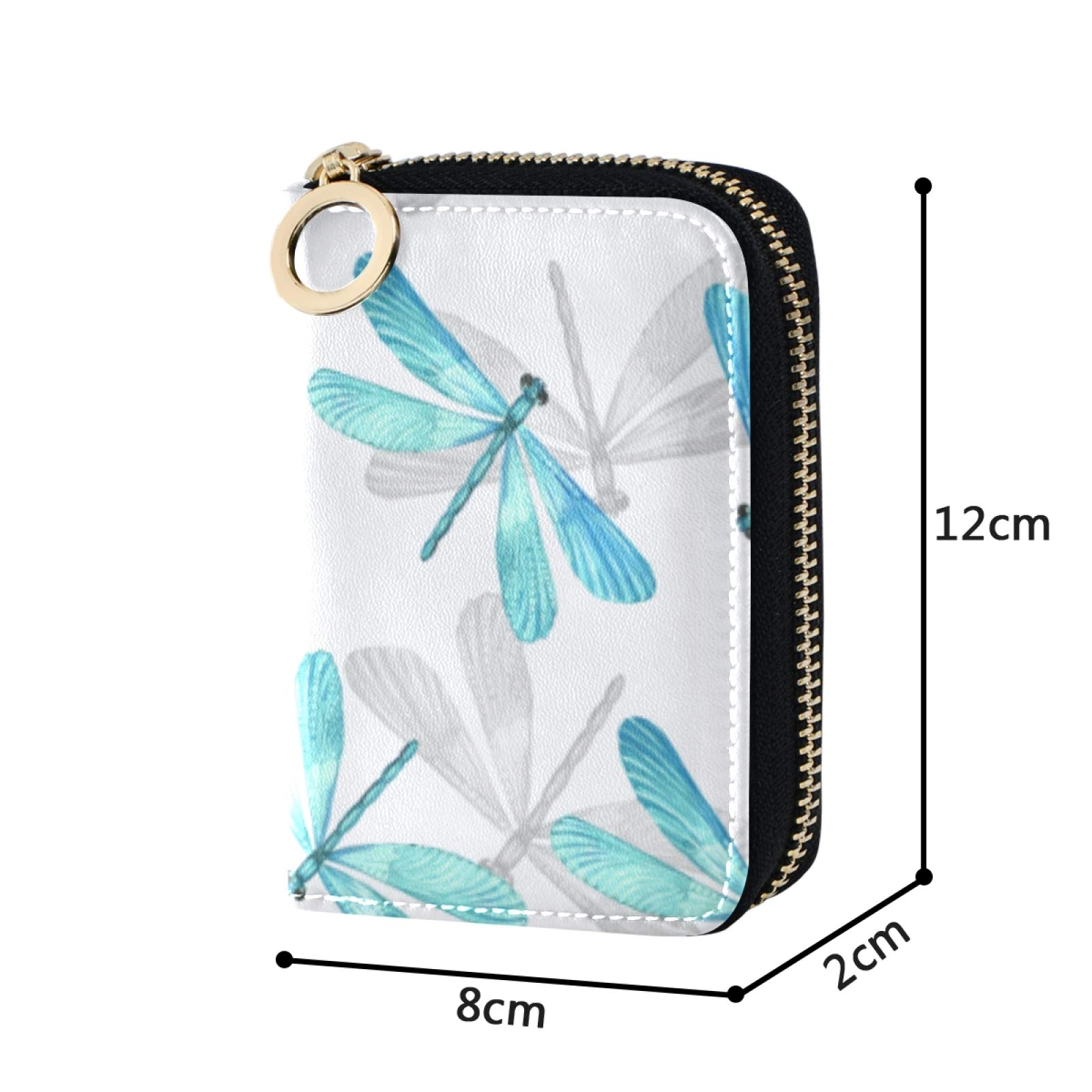 MOYYO RFID Credit Card Holder Case Watercolor Blue Dragonfly Leather Printed Zipper Card Case Wallet for Women Girls