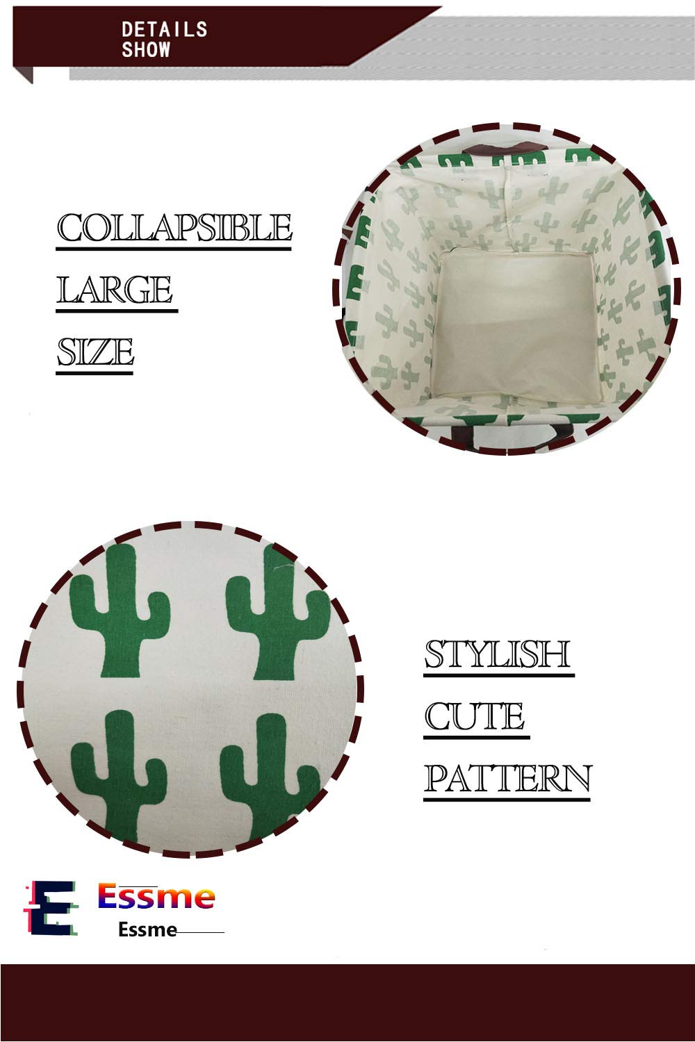 ESSME 3PACK Square Storage Bin,Cotton Fabric Laundry Baskets,Collapsible Waterproof Toy Storage Bin with Handles for Family Storage,Shelf Baskets,Bedroom(3pack Cactus)