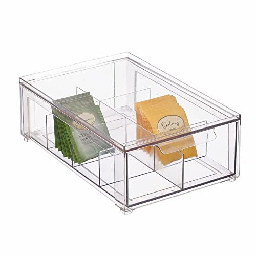 mDesign Plastic Kitchen and Pantry Organizer with Divided Drawer - Stackable Bin with 8 Sections for Tea and Snack Food - Perfect for Organizing Cabinet, Fridge - Lumiere Collection - Clear