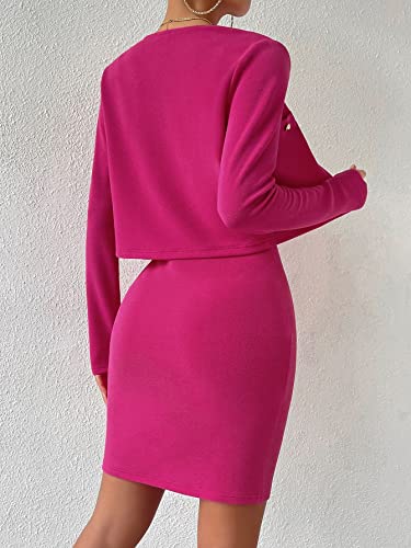 Floerns Women's 2 Piece Outfit Button Front Jacket Blazer with Bodycon Cami Dress Hot Pink M