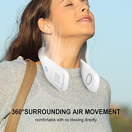 MQUPIN Portable Neck Fan, Hands Free Bladeless Fan, Large Capacity Battery Operated 3 Wind Speed Personal Fan Adjustable,USB Rechargeable for Office,Camping, Hiking, Travel - White