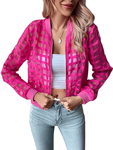 Floerns Women's Hollow Out Long Sleeve Baseball Collar Zip Up Bomber Jacket Hot Pink S