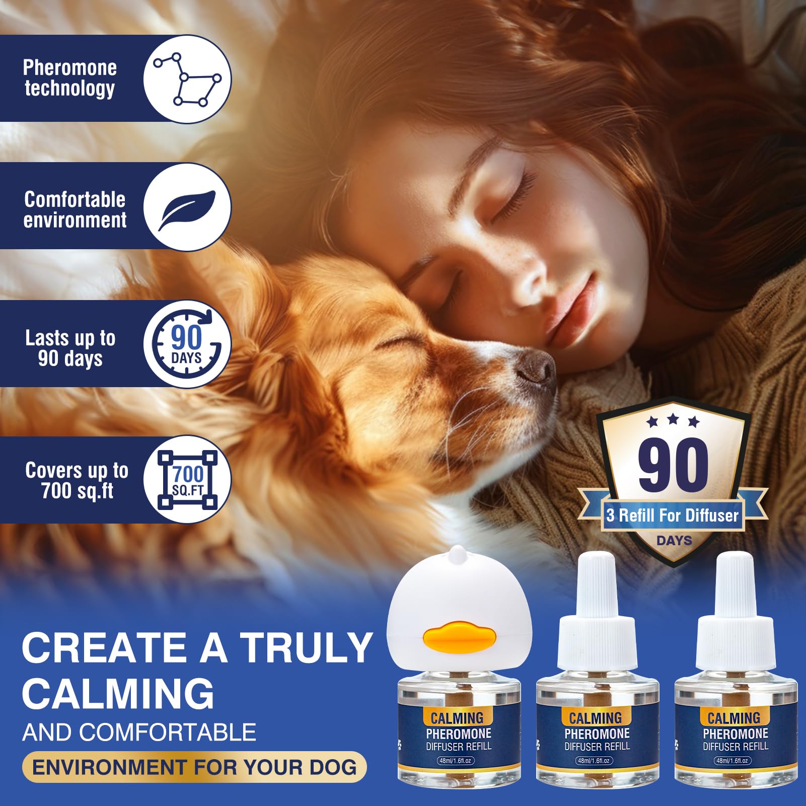 Dog Pheromone Calming Diffuser 4 In 1 Appeasing Pet Pheromones Diffuser to Calm Kit (Plug in+ 3 Pack 48ml Refill) for Anxiety Relief Reduce Barking Aggression Fighting Stress 90 Day Supply(Orange)