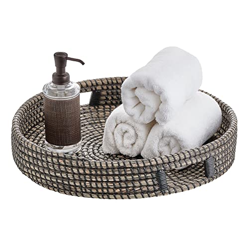 mDesign Seagrass Woven Large Decorative 18" Round Basket Serving Tray w/Built-In Handles for Kitchen, Coffee Table, Wall Decor, Ottoman; For Storage, Centerpiece Display - Black