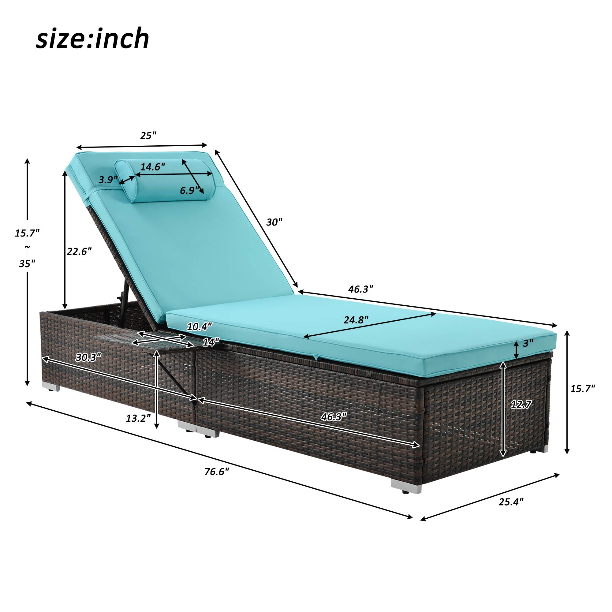 BIADNBZ 2-Piece Outdoor Patio Recliner Chairs for 2,Dual-Use PE Wicker Chaise Lounge Set with Side Table Adjustable Backrest,Cushions and Head Pillows for Courtyard, Swimming Pool, Balcony, Blue