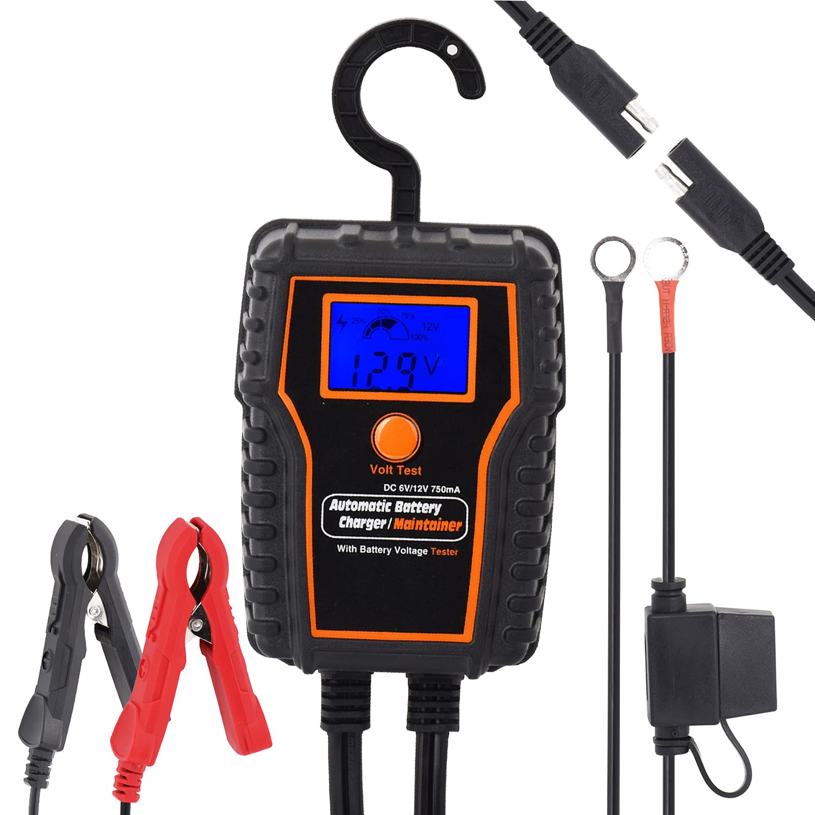 Automotic Battery Trickle Charger Maintainer 12 Volt 750mA Battery Float Charger Maintainer with LCD Float Charging for Motorcycle ATV Lawn Mower Car Boat