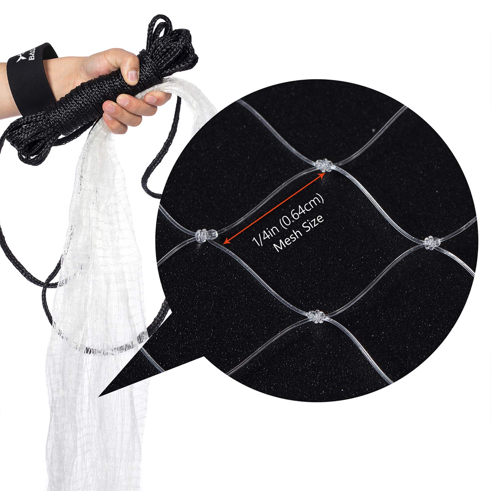 BASSDASH Fishing Cast Net 3/8-Inch Mesh 4ft 6ft 8ft Radius, 1-Pound Per Foot, for Bait Fish with Utility Bucket (1/4β mesh x 4β high (4.8lb))