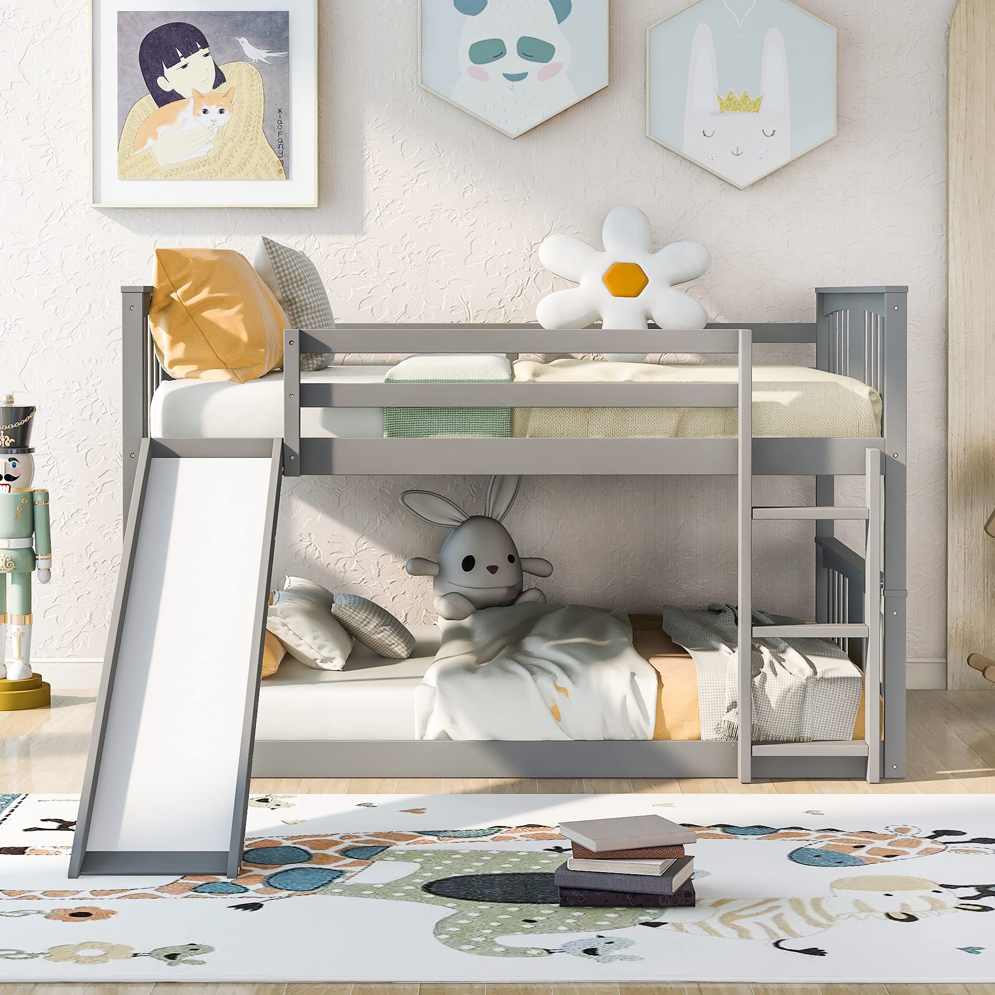 BIADNBZ Full Over Full Low Bunk Bed with Slide and Ladder, Wooden Floor Bunkbeds Frame for Kids Bedroom, Gray