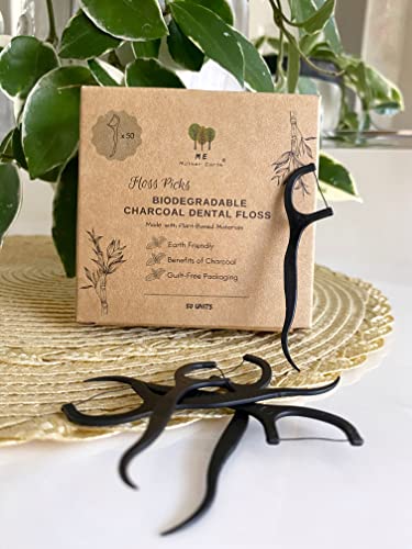 Me Mother Earth Vegan Dental Floss Picks (200 Count) โ Natural | Sustainable | Eco Friendly | Charcoal Dental Flossers for a Zero Waste Oral Care