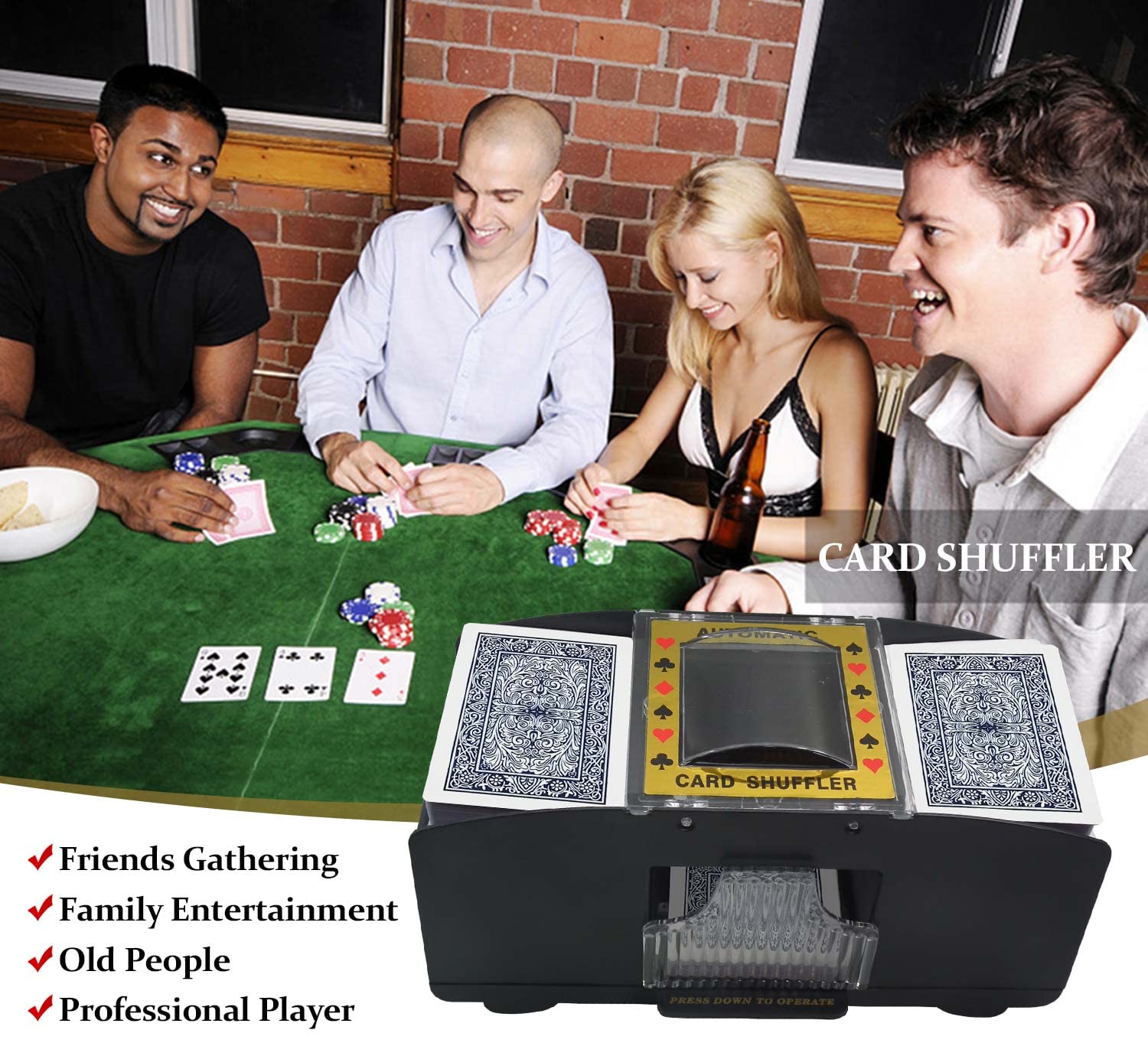 TAAVOP Automatic Card Shuffler, 1-2 Deck Battery-Operated Electric Poker Card Shuffler Machine, for Playing CardsUNO (Black), 8 x 4 x 4 inches;15.11 Ounces