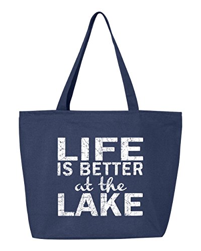 shop4ever® Life is Better at the Lake Heavy Canvas Tote with Zipper Sayings Reusable Shopping Bag 12 oz Navy -Pack of 1- Zip
