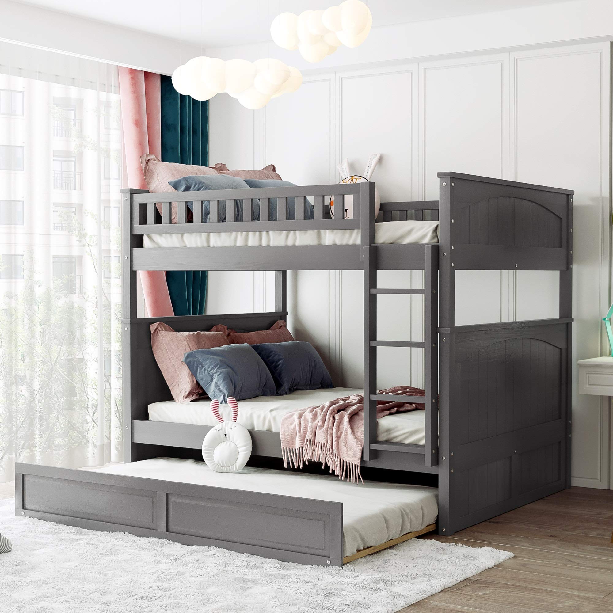 BIADNBZ Full-Over-Full Bunk Bed with Twin Size Trundle, Ladders and Full-Length Guardrail,Solid Pine Wood Bedframe for Bedroom Dorm, for Kids Teens,No Box Spring Needed,Brushed Gray