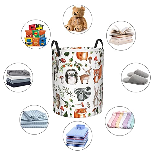 Woodland Animals Watercolor Bear Deer Squirrel Owl Mushroom Laundry Hamper With Handle Foldable Durable Laundry Basket Storage Bin Dirty Clothes Organizer Bag For Bedroom Bathroom Nursery