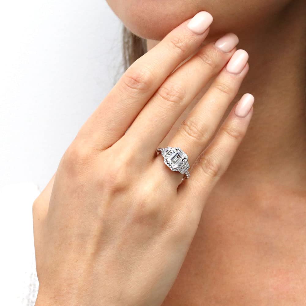 BERRICLE Sterling Silver 3-Stone Wedding Engagement Rings Step Emerald Cut Cubic Zirconia CZ Halo Ring for Women, Rhodium Plated Size 9