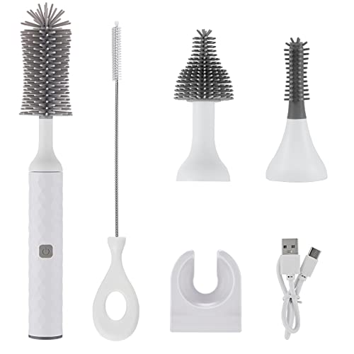 WHNL Electric Bottle Brush, 4 Piece Bottle Brush Set with Baby Bottle Brush Cleaner, Nipple Brush, Pacifier Cleaner, Straw Cleaner Brush, Gifts for Newborns and Mothers, White