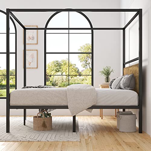 ikalido Queen Size Metal Canopy Bed Frame with Wooden Headboard, Classic Design Canopy Bed with 4 Sturdy Posters, Noise Free/No Box Spring Needed/Industrial Brown