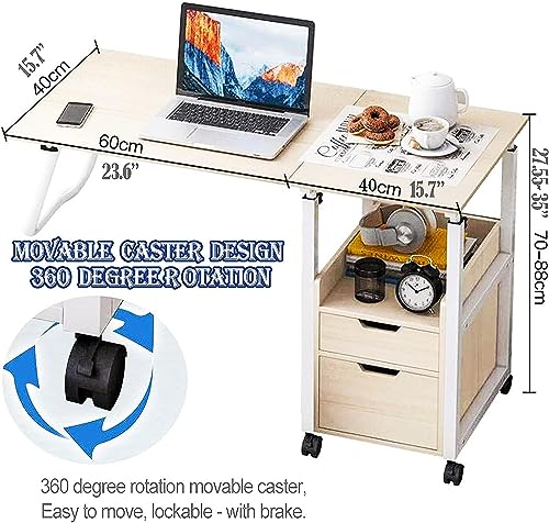 GFertre 2 in 1 Overbed Table with Wheels, Bedroom Side Table, Foldable Bedside Table with Drawer, Height Adjustable Over Bed Desk Laptop Mobile Computer Desk Workstation with Wheels Nightstand (White)