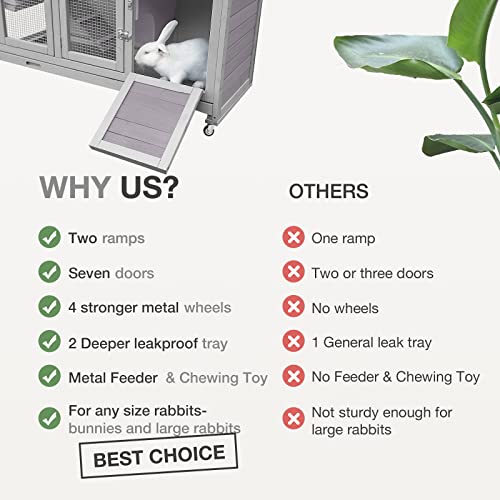 MEDEHOO Two-Story Rabbit Hutch with Wheels Guinea Pig Cage Indoor Outdoor Bunny Cage with 2 Deep Leakproof Tray