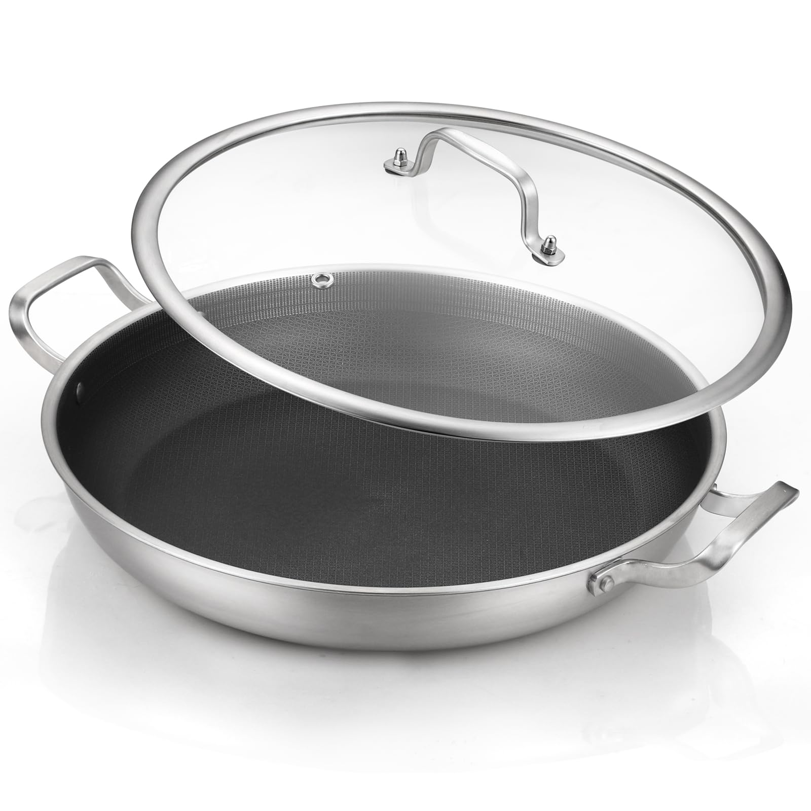 DELARLO Paella Pan 14 Inch Tri-Ply Stainless Steel Paella Pan with Lid Nonstick Frying Pan, Hybird Induction Large Skillets,Great for Paella Parties Indoors Outdoors,Heavy Duty Style