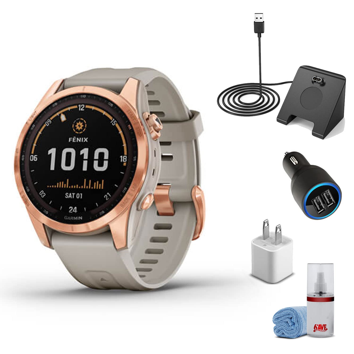 Garmin Fenix 7S Solar Edition Smart Watch Rose Gold with Light Sand Band (42mm) + Watch Charging Stand + USB Car/Wall Adapter + 6TH AVE Cleaning Kit (010-02539-10)