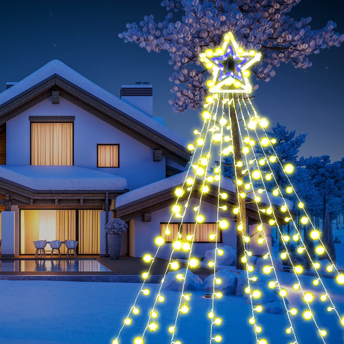 Joiedomi 345 LED Christmas Decoration Star Lights, 11.5Ft 8 Lighting Modes Decorative Tree Lights with Topper Star for Christmas Tree, Party Wedding Garden Yard Patio Xmas Outdoor Décor(Warm Whit)