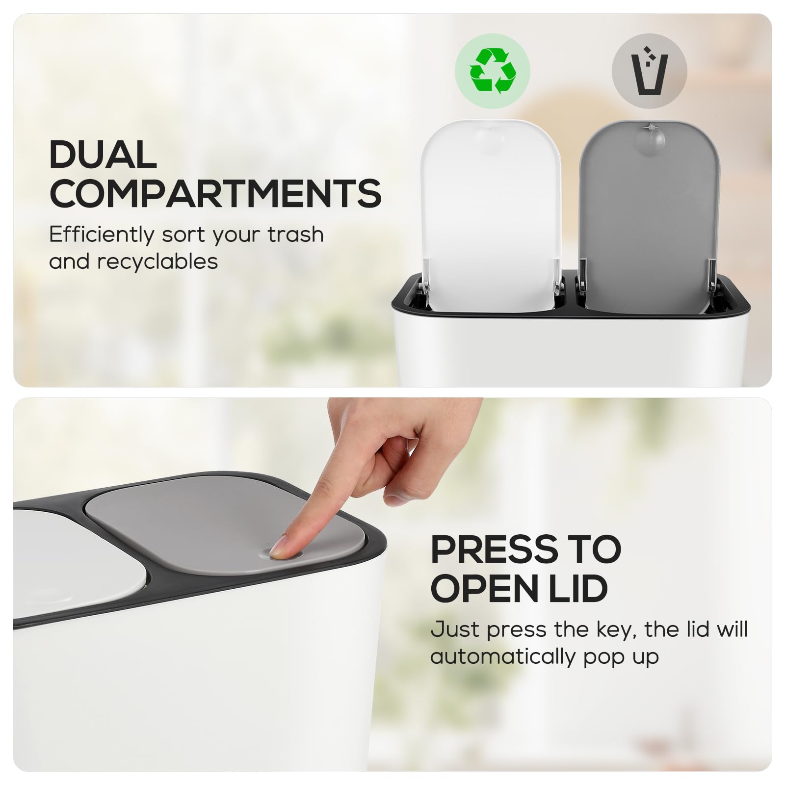 DEARMAMY Dual Trash Can, 2 Compartment Kitchen Garbage Can Plastic Dry and Wet Classified Recycling Bin Wastebasket Liter Bin Dustbin Rubbish Box Garbage Container for Home 15L