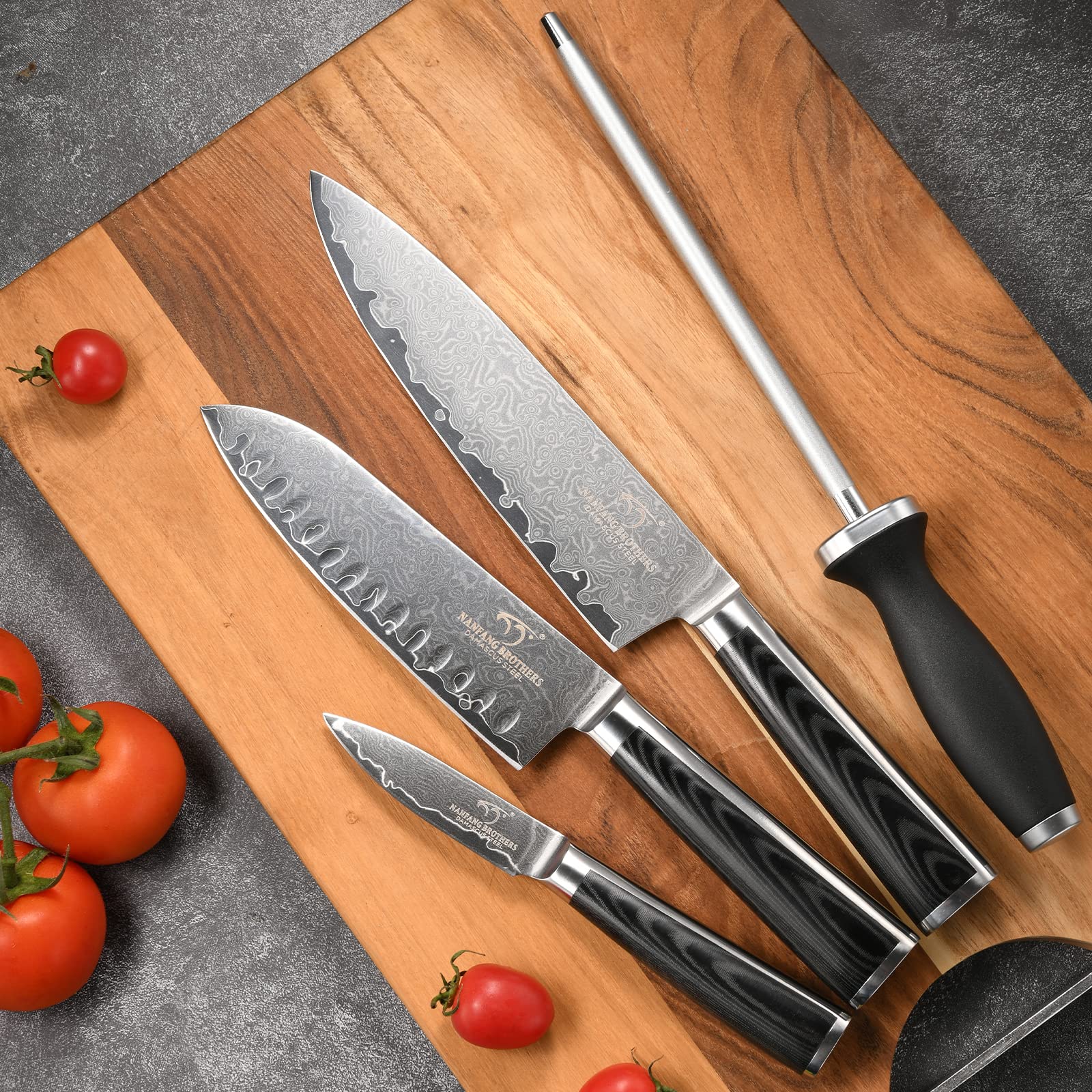 Chefs Knife Set with Gift Box, 4 Pieces Damascus Kitchen Knife Set, VG10 Steel Professional Knife Sets for Chefs, Knife Set with Non-slip Micarta Handle, Knife Sharpener and Chefs Knife